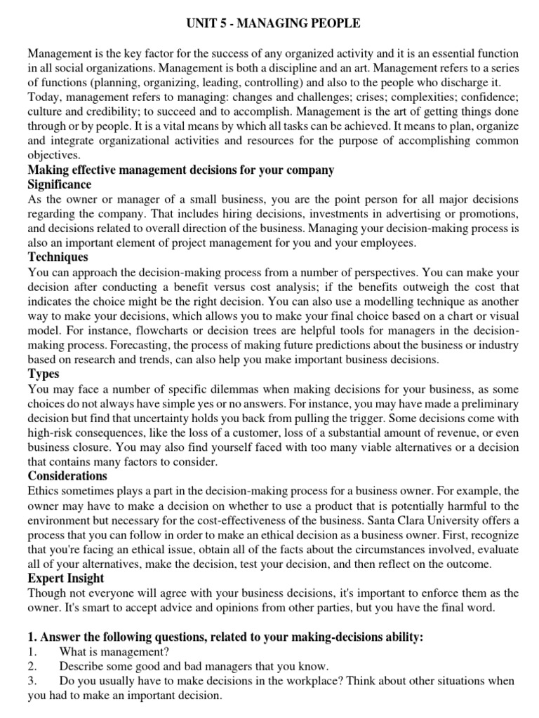 Worksheet 7 - Managing People | PDF | Decision Making | Motivation