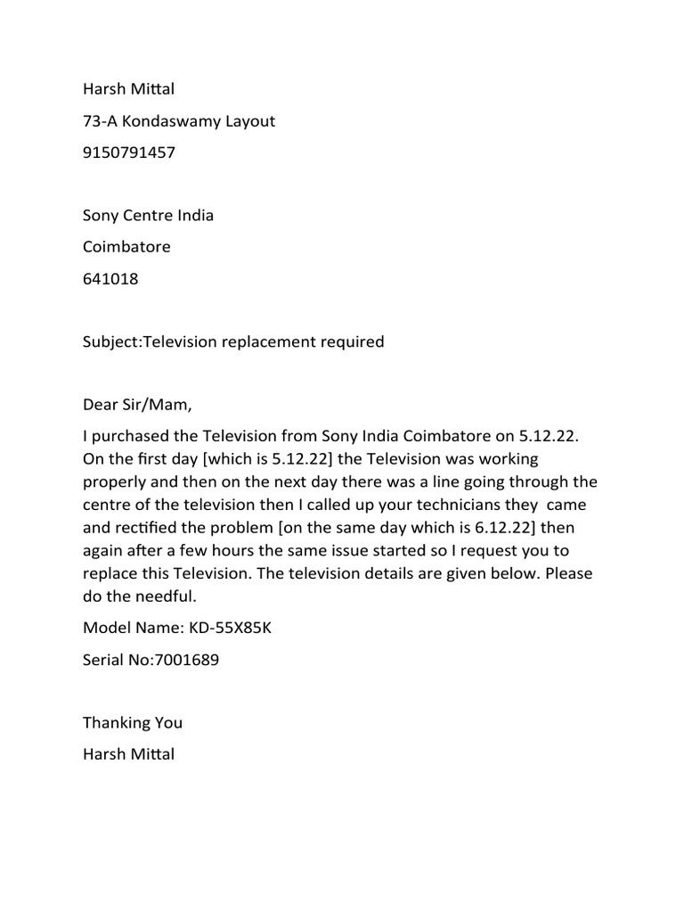 Sony Replacment Letter | PDF