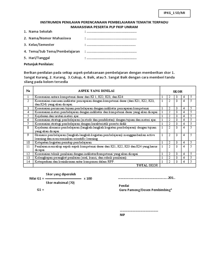 Instrumen Penilaian Perencanaan Pembelajaran Tematik Terpadu Mahasiswa ...
