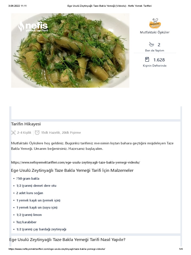 Ege Usulü Zeytinyağlı Taze Bakla Yemeği (Videolu) - Nefis Yemek Tarifleri | PDF