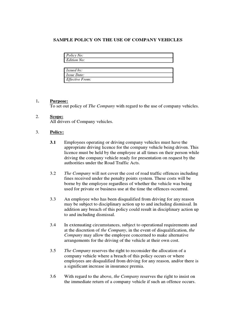 Sample Policy On The Use of Company Vehicles: Policy No: Edition No | PDF