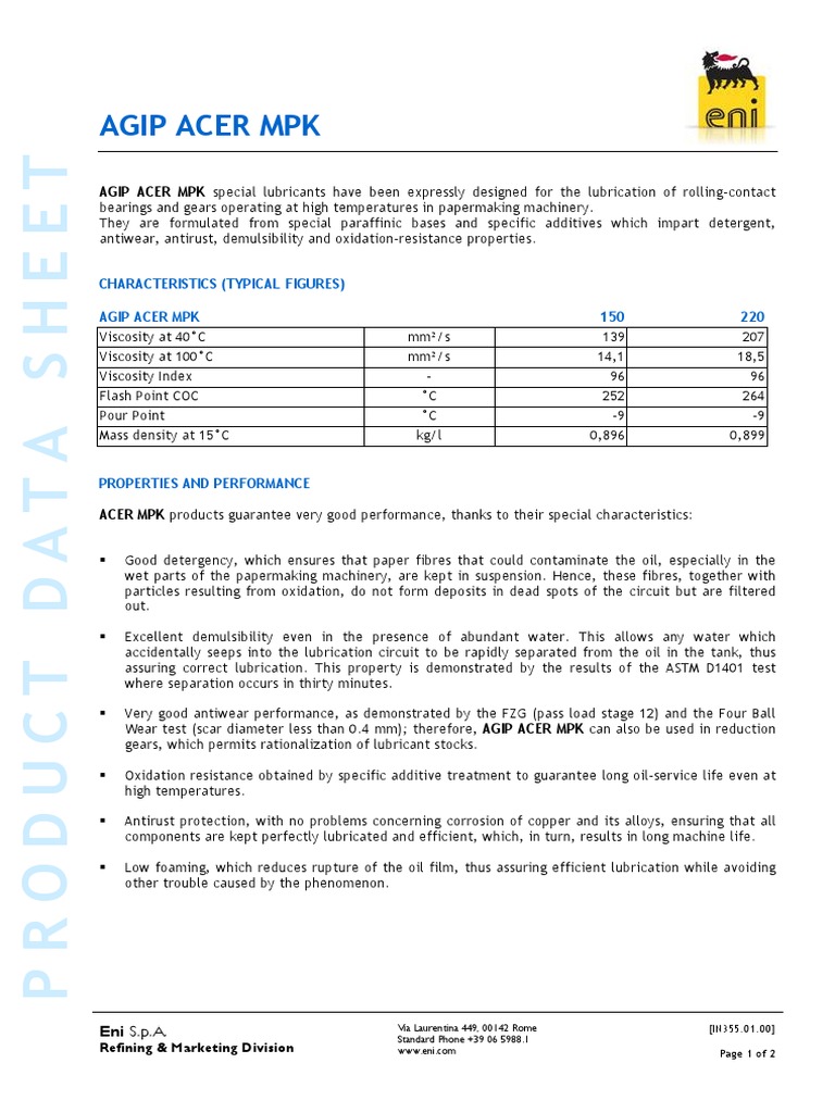 Agip Acer MPK | PDF | Lubricant | Viscosity