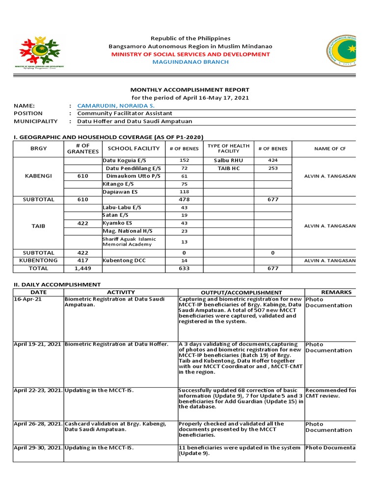 Monthly Report on the Implementation of the Modified Conditional Cash ...