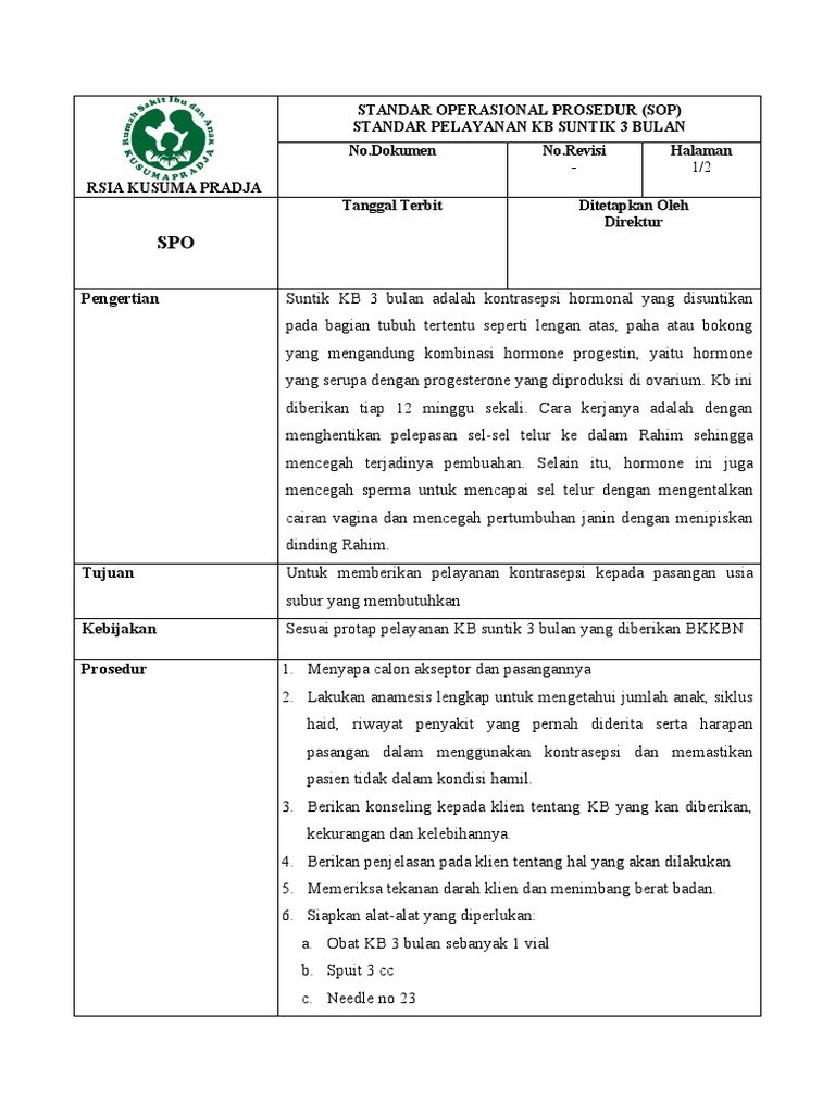 SOP Pelayanan KB Suntik 3 Bulan | PDF