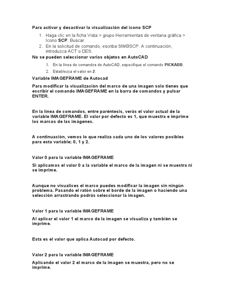 Activar Icono SCP y Variable IMAGEFRAME en AutoCAD | PDF