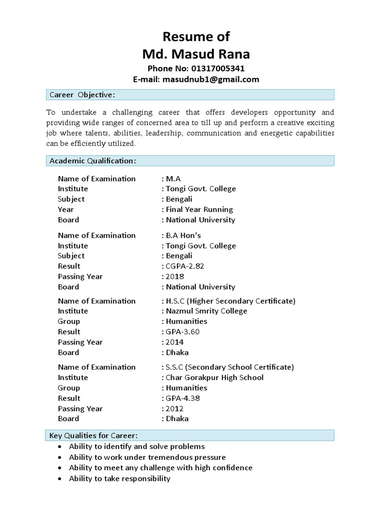 Resume of Md. Masud Rana: Phone No: 01317005341 | Download Free PDF ...