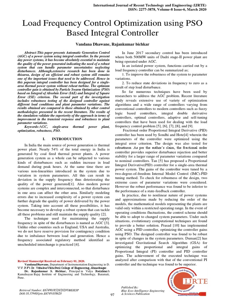 Load Frequency Control Optimization Using PSO Based Integral Controller | PDF | Control Theory ...