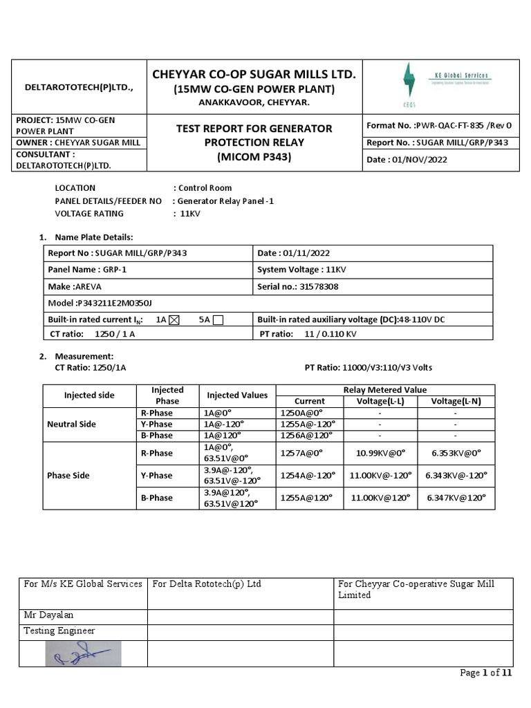 Test Report for Generator Protection Relay (MICOM P343) at Cheyyar Co ...