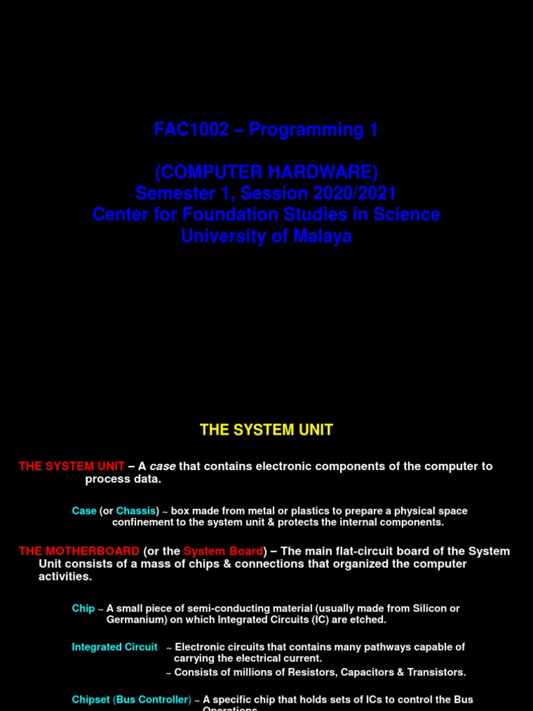 FAC1002 - Computer Hardware (I) | PDF | Random Access Memory | Central Processing Unit