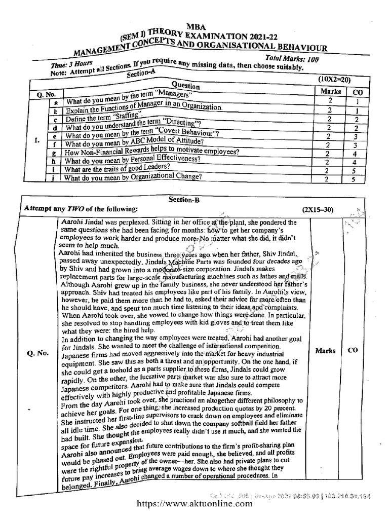 Mba 1 Sem Management Concepts and Organisational Behaviour Kmbn101 2022 ...