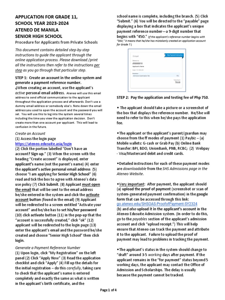 Ateneo SHS Application Guide 2023-2024 | PDF | Payments | Test (Assessment)