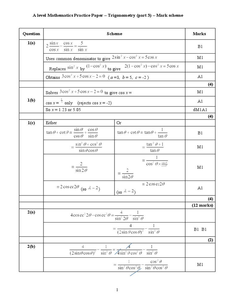 A Level Mathematics - Practice Paper - 53 - Trigonometry (Part 3) MS | PDF | Trigonometry ...