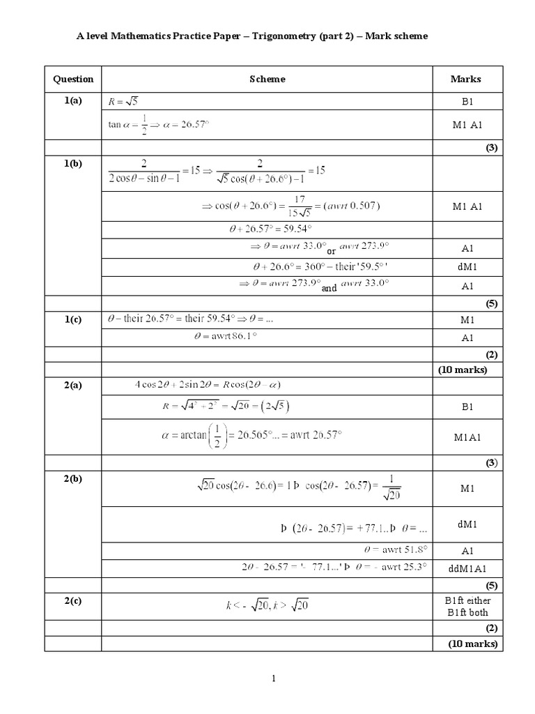 A Level Mathematics - Practice Paper - 51 - Trigonometry (Part 2) MS ...