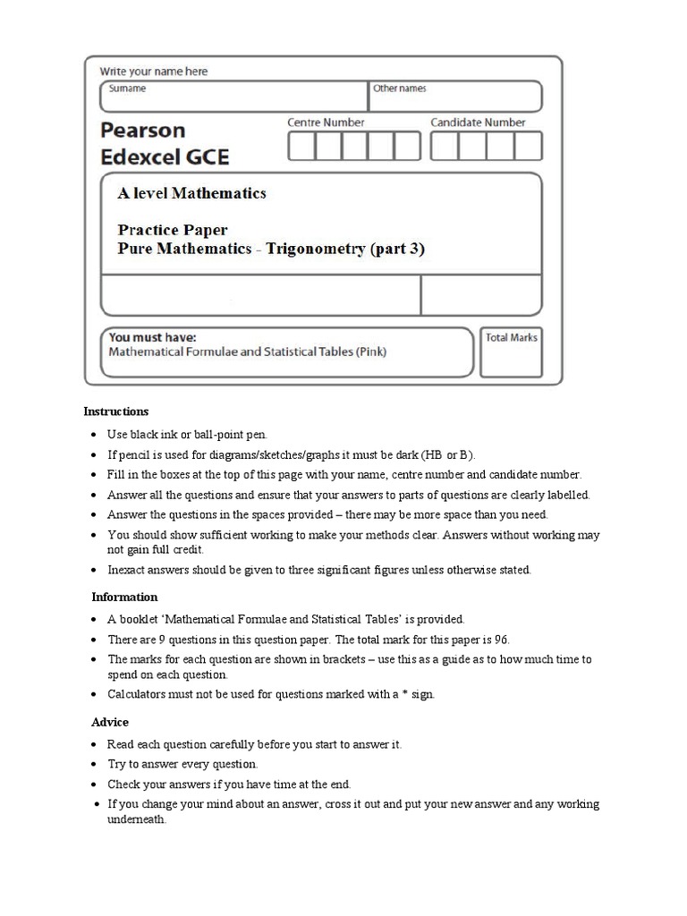 A Level Trigonometry Exam Instructions | PDF | Trigonometric Functions ...