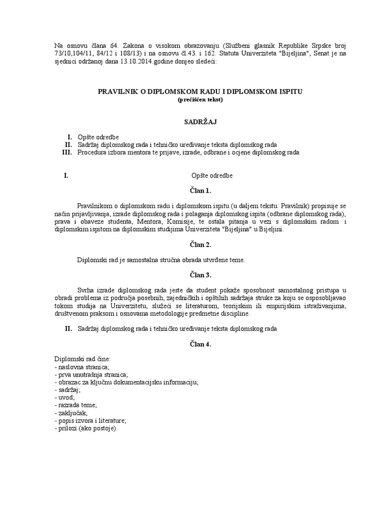 Pravilnik Za Diplomski Univerzitet Bijeljina Lat | PDF