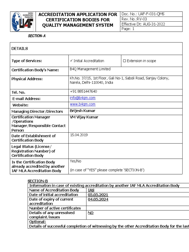 UAF-F-031 RV03 QMS Accreditation Application | PDF | Audit | Paper