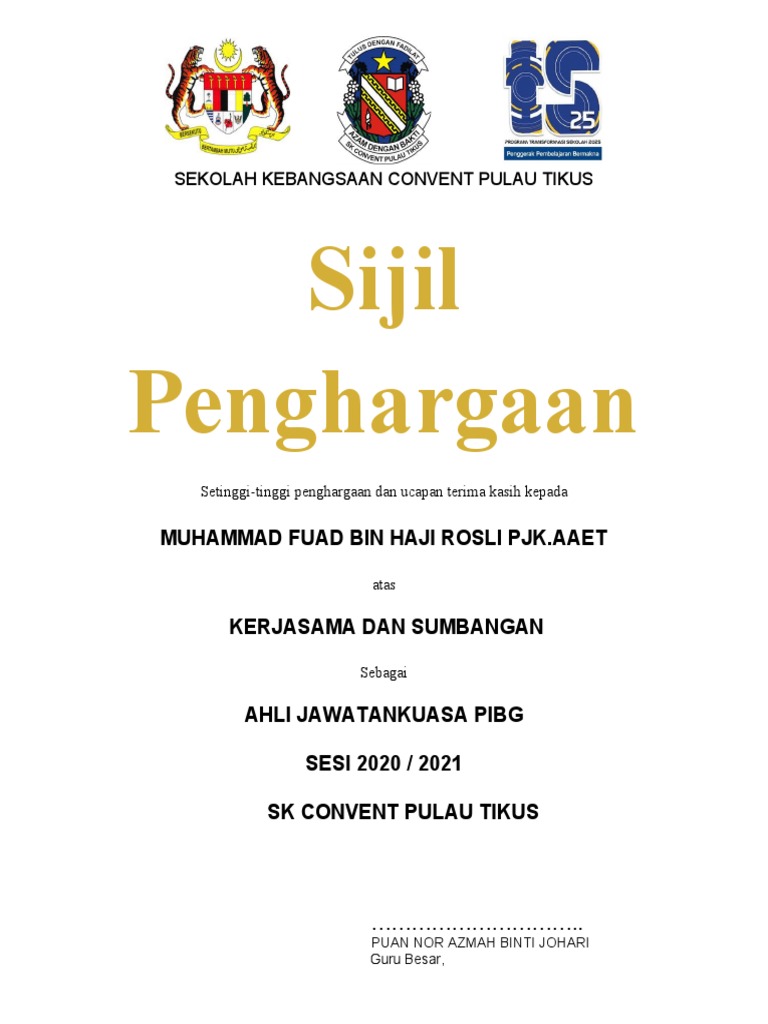 Sijil Penghargaan Sumbangan AJK PIBG | PDF