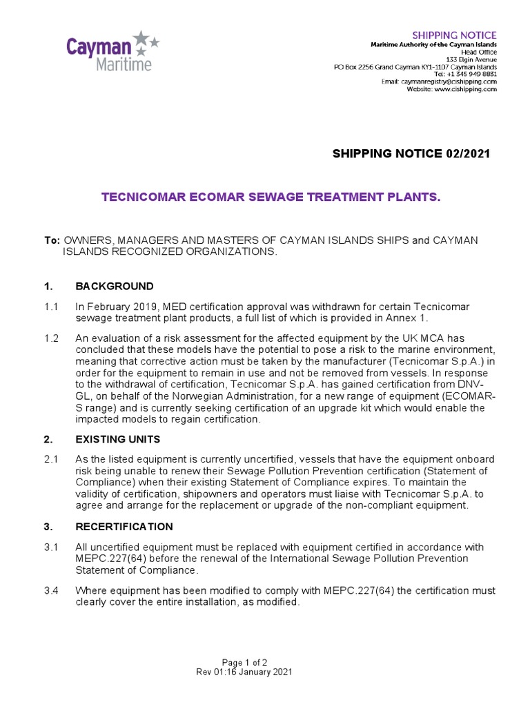 SN 02 2021 Rev 1 - ECOMAR Sewage Treatment Plants | PDF