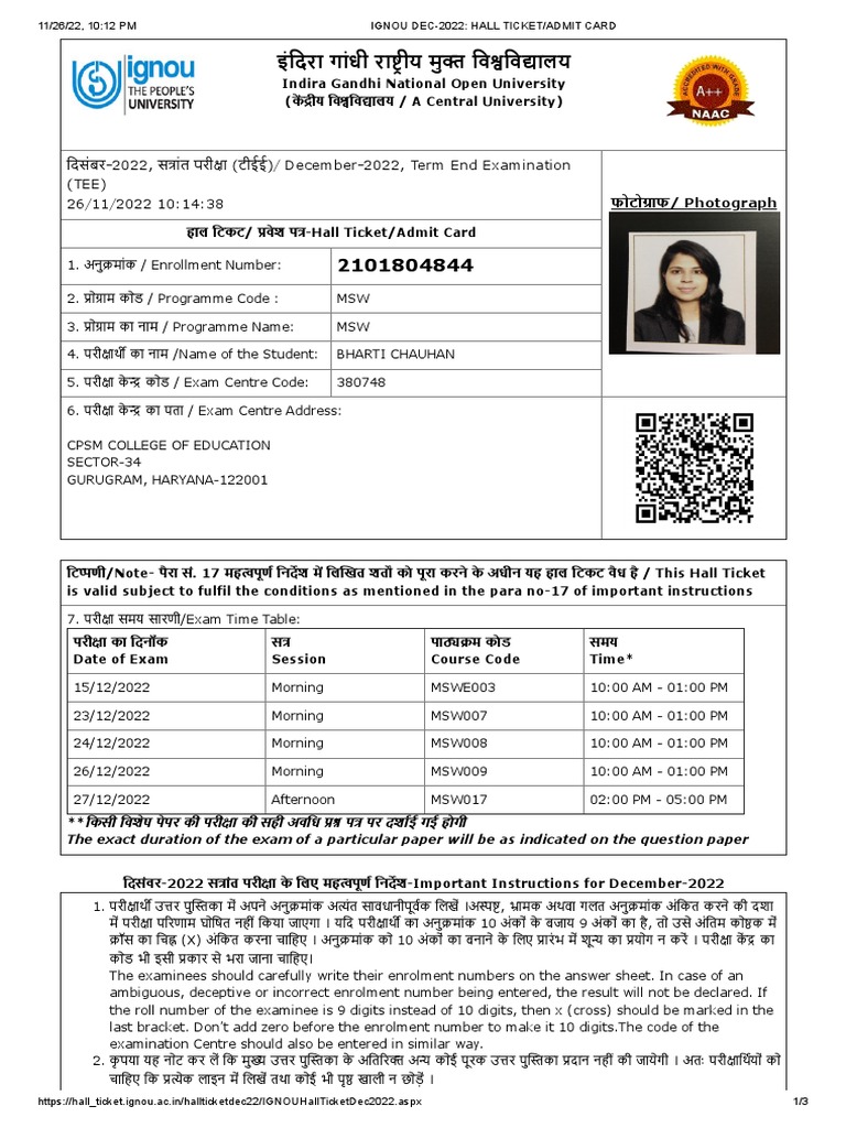 Ignou Dec-2022 - Hall Ticket - Admit Card | PDF