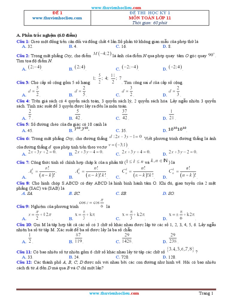 Bo de Thi Toan 11 HK1 Co Dap An | PDF