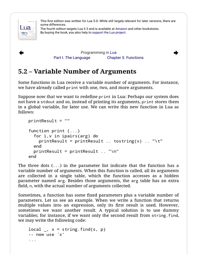 Programming in Lua - 5.2 | PDF | Parameter (Computer Programming) | Subroutine