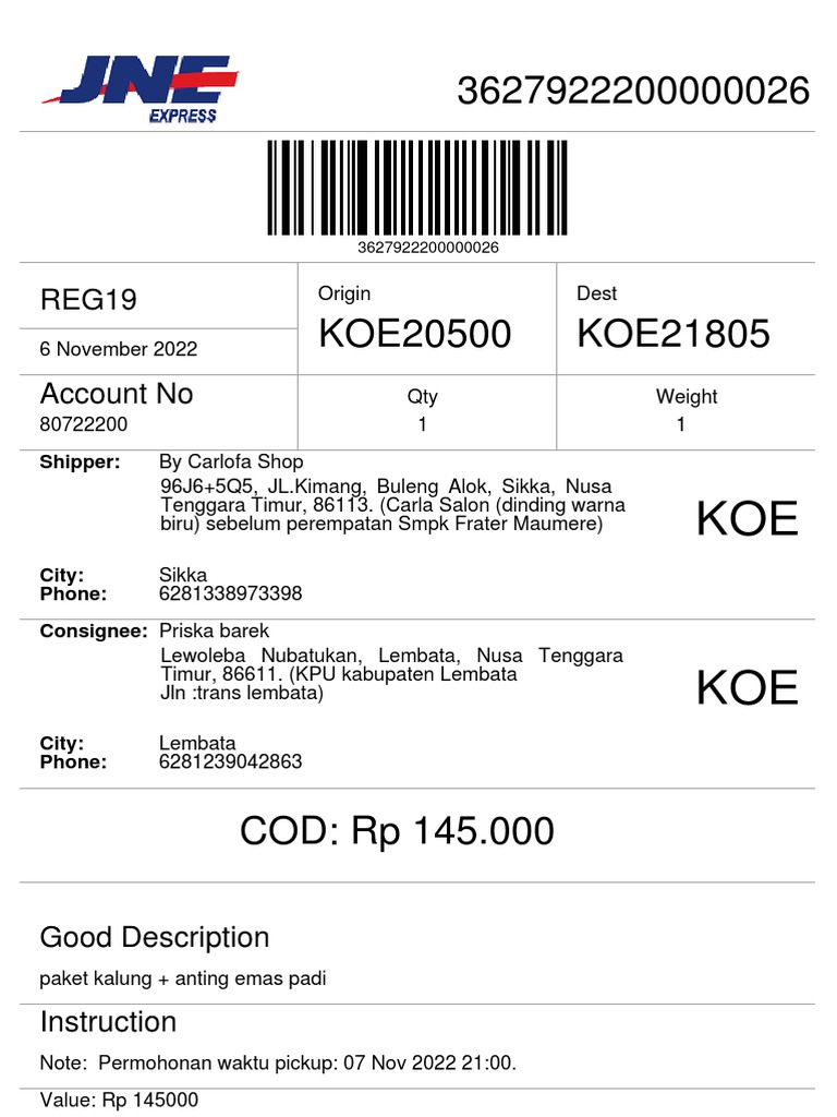 Popaket Trd2022110600484-Jne | PDF