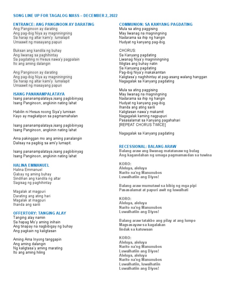 Song Line Up for Tagalog Mass | PDF