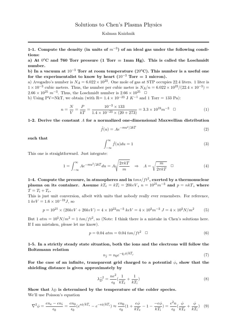 Solutions To Chen's Plasma Physics | PDF | Physics | Physical Chemistry