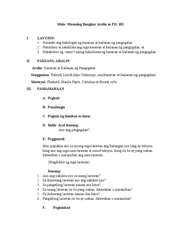 Mala-Masusing Banghay Aralin Sa Filipino | PDF