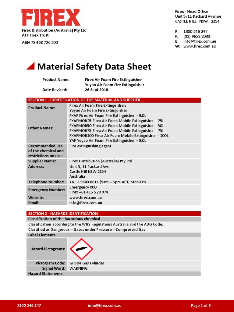 Firex MSDS Foamext 260918 | PDF | Dangerous Goods | Toxicity