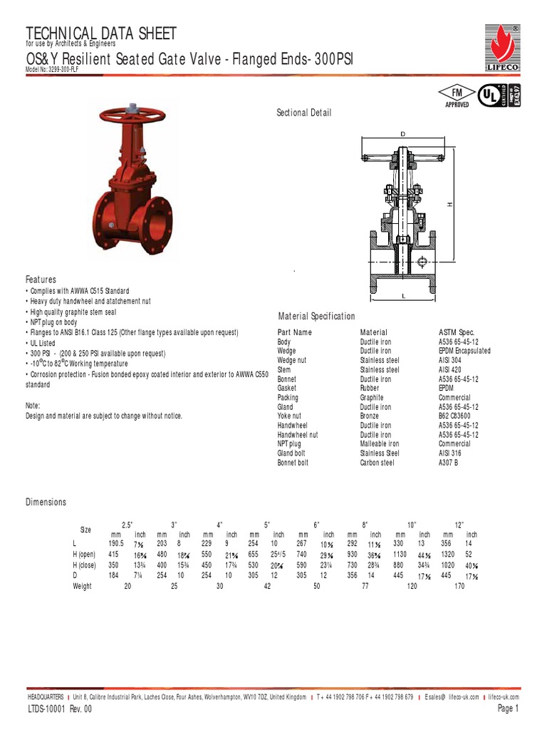 LIFECO Model 3299 300 FLF OSY Resilient Seated Gate Valve | PDF ...