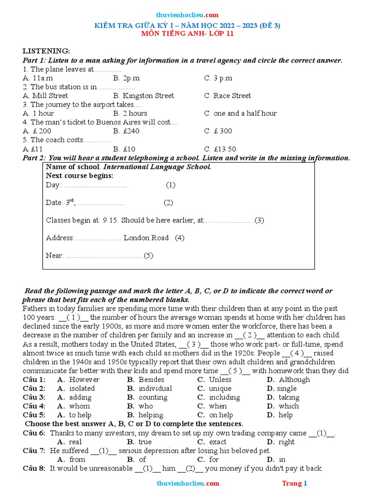 De KT Giua HK1 TIENG ANH 11 de 3 | PDF