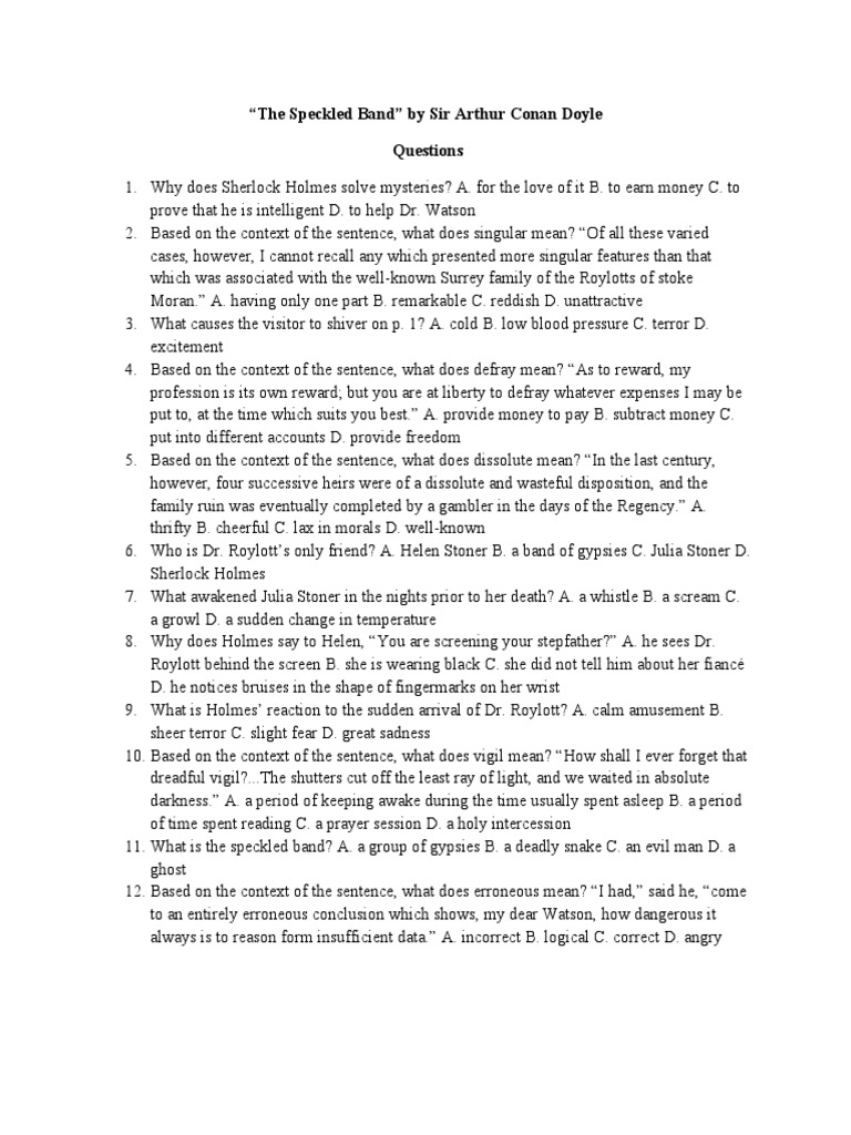 Speckled Band Comprehension Questions | PDF | The Adventure Of The ...