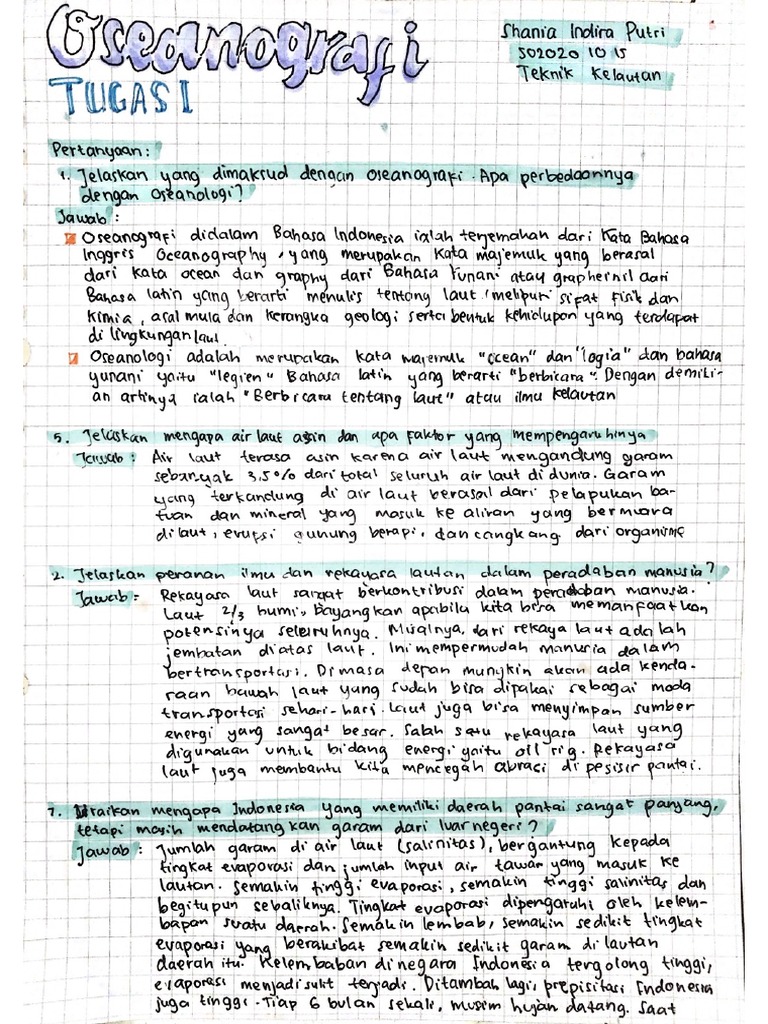 Tugas 1 Oseanografi - 5020201015 - Shania Indira Putri | PDF