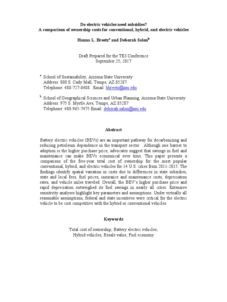 Do Electric Vehicles Need Subsidies - A Comparison of Ownership Costs ...