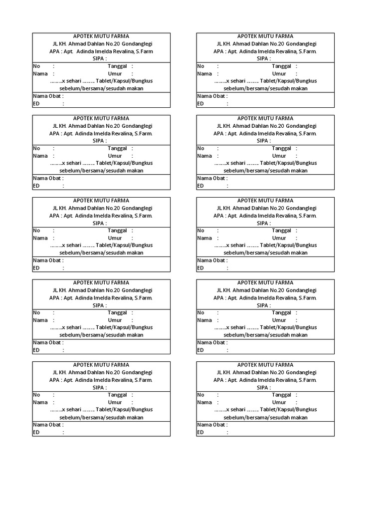 Format Etiket Obat Apotek Mutu Farma | PDF