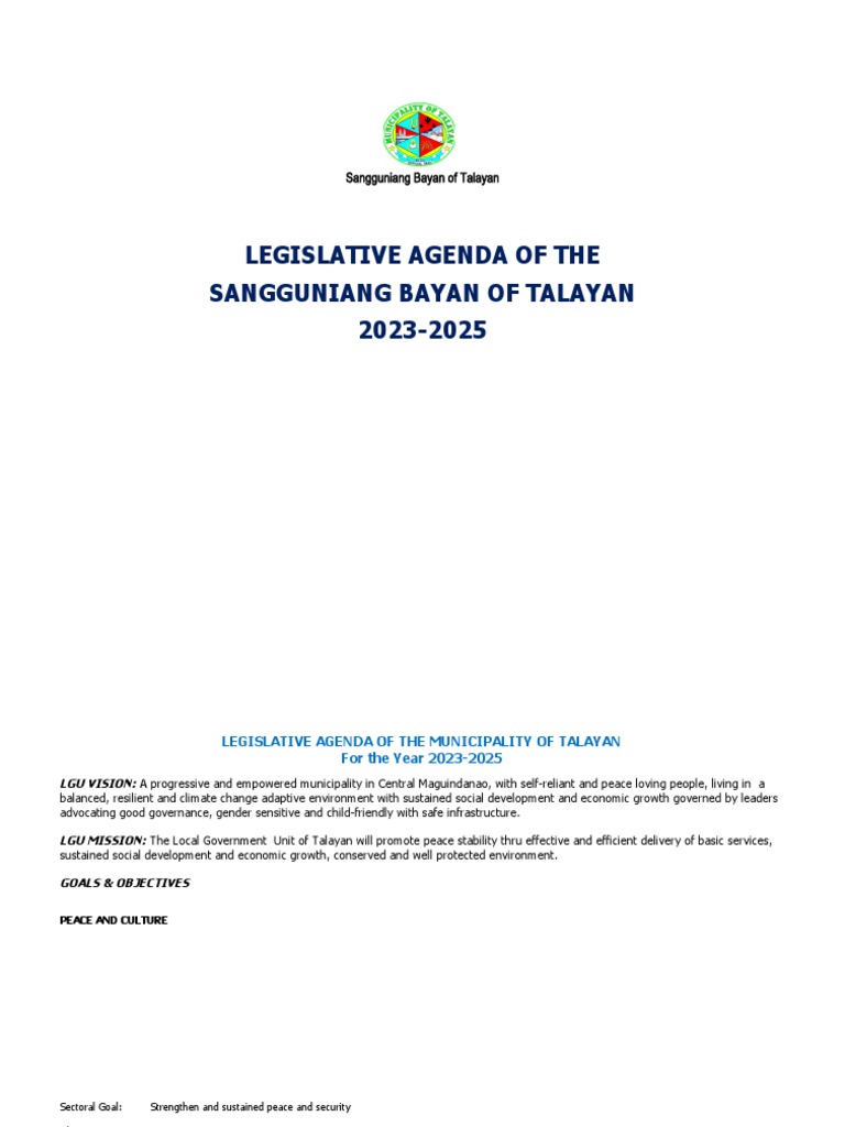 Legislative Agenda of the Sangguniang Bayan of Talayan for 2023-2025 ...