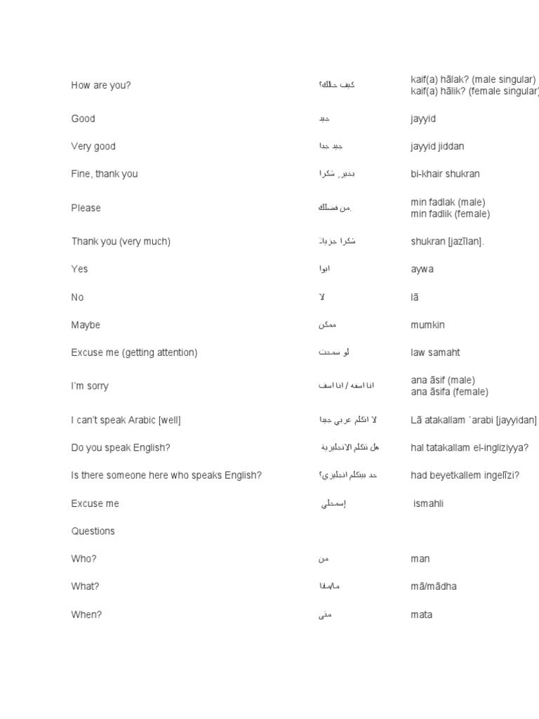 Basic Arabic Phrases | PDF
