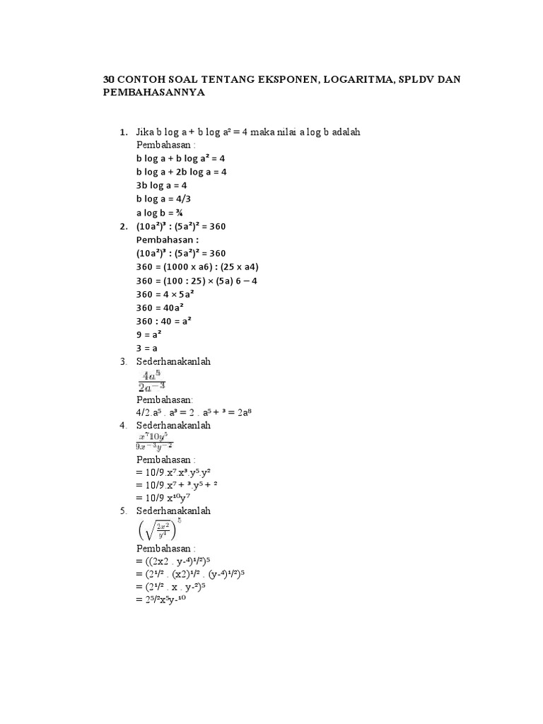 30 Contoh Soal Matematika Eksponen Logaritma Dan Spldv Pdf