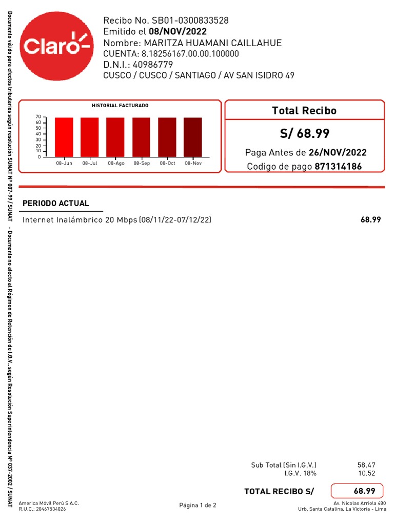 Recibo de pago de servicio de internet fijo de Claro con detalles de ...