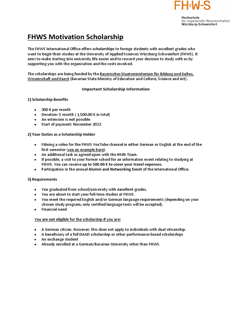 FHWS Motivation Scholarship Details | PDF