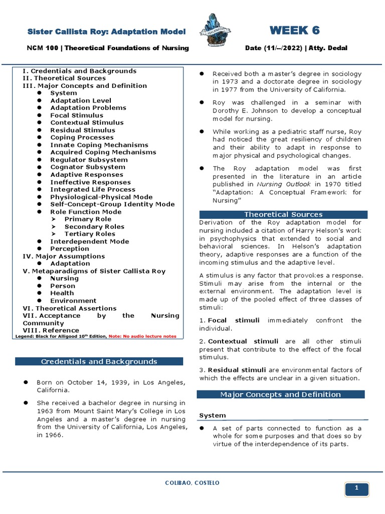 TFN - Week 6 - Sister Callista Roy | PDF | System | Behavior