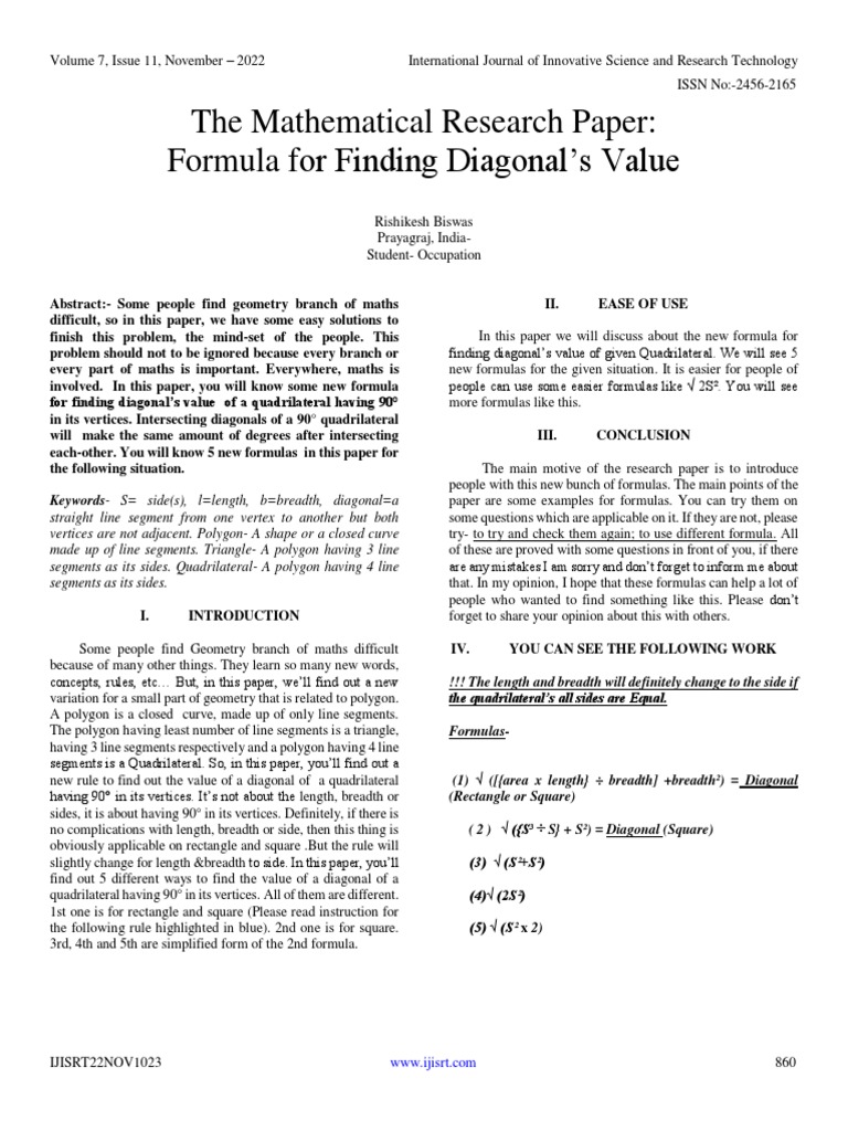 The Mathematical Research Paper Formula For Finding Diagonal's Value ...