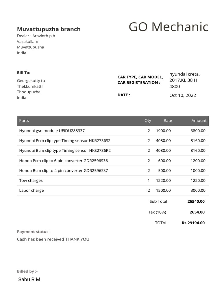 Hyundai Creta Service Invoice Summary | PDF