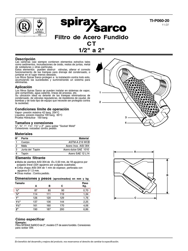 Filtros Tipo y (Roscados) - Spirax Sarco | PDF | Ingeniería mecánica ...