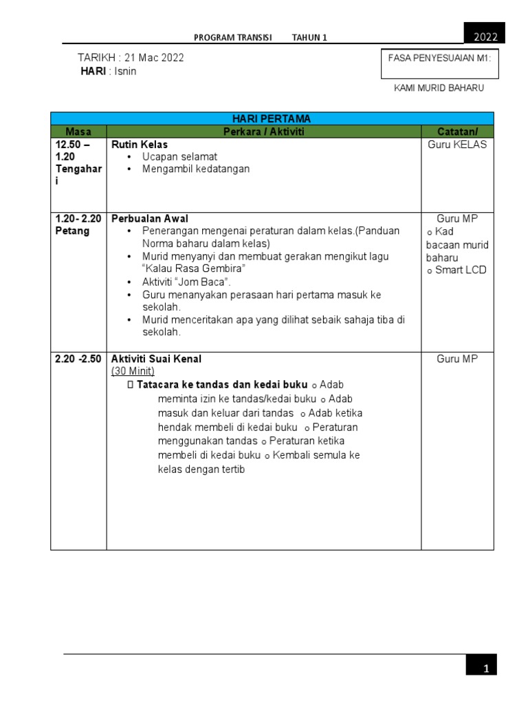 Jadual Transisi Tahun 1 | PDF