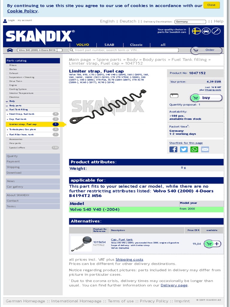 SKANDIX Shop Volvo Parts Limiter Strap, Fuel Cap (1047152) | PDF ...