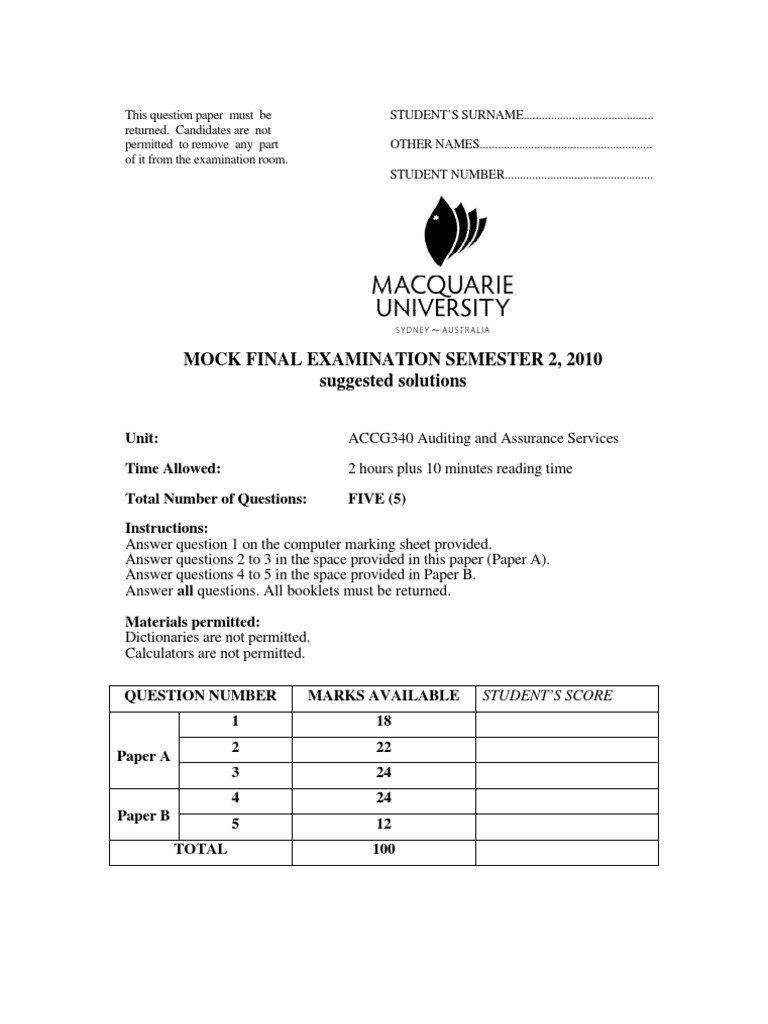 Mock Answer | Auditor's Report | Audit
