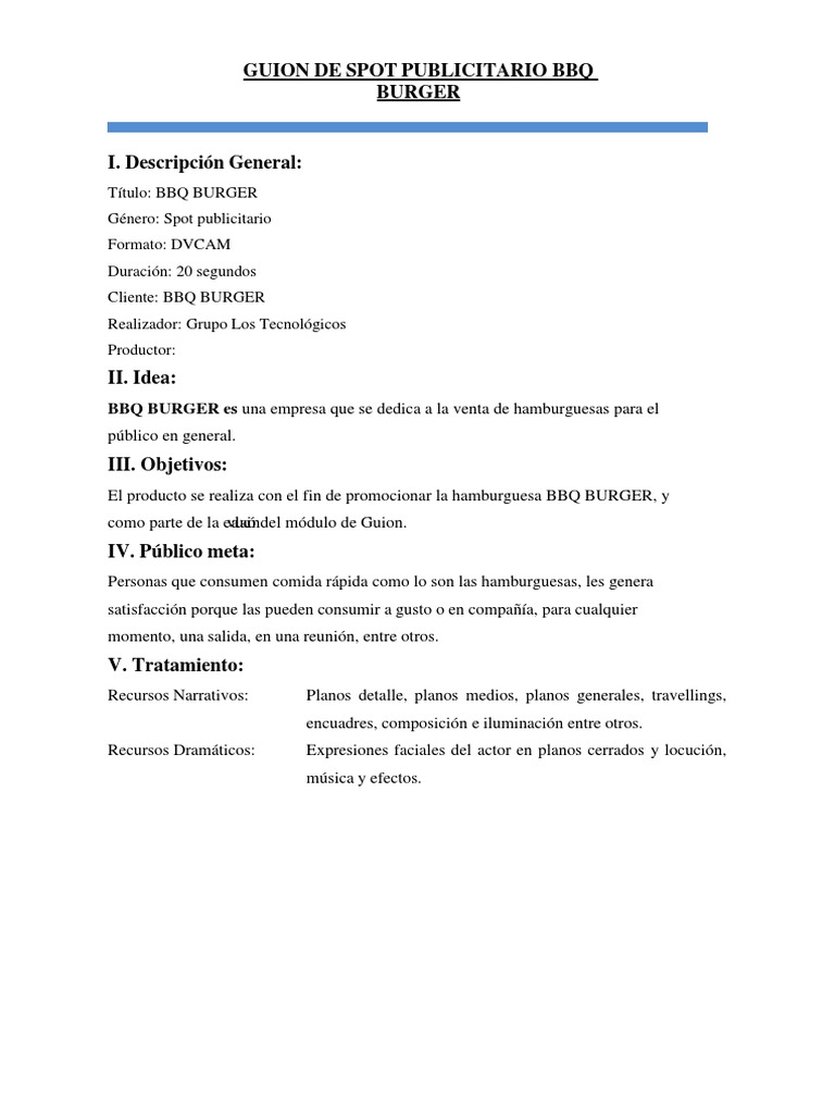 Guion de Spot Publicitario BBQ Burger | PDF | Hamburguesas
