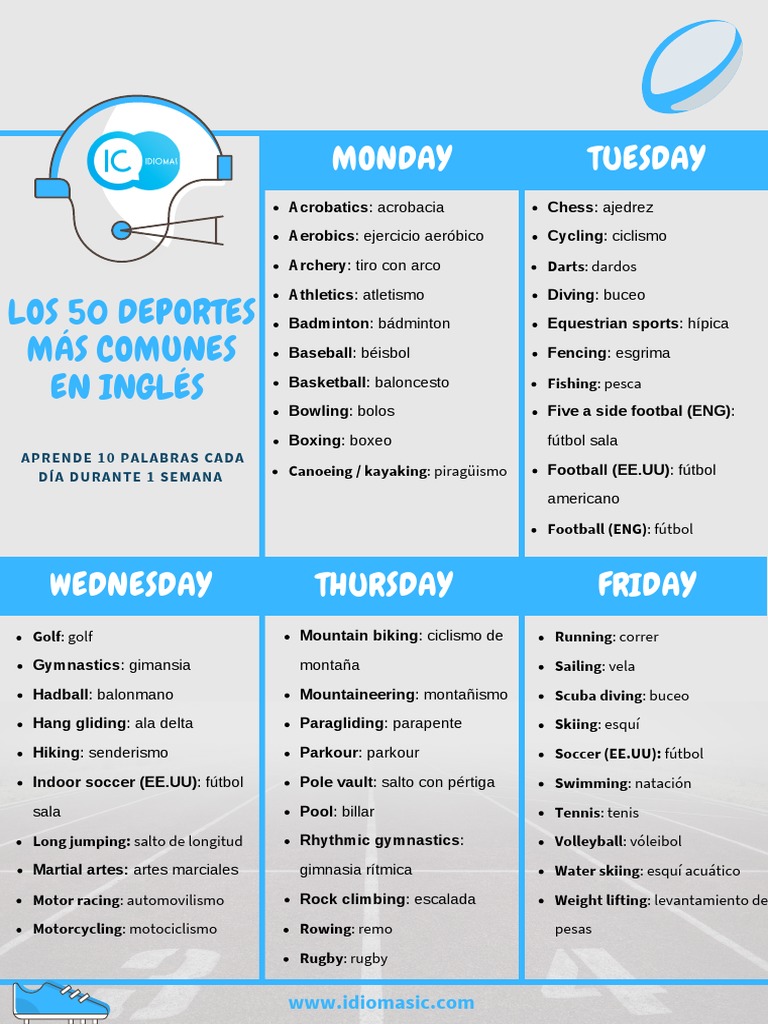 Vocabulario de 50 Deportes en Inglés | PDF